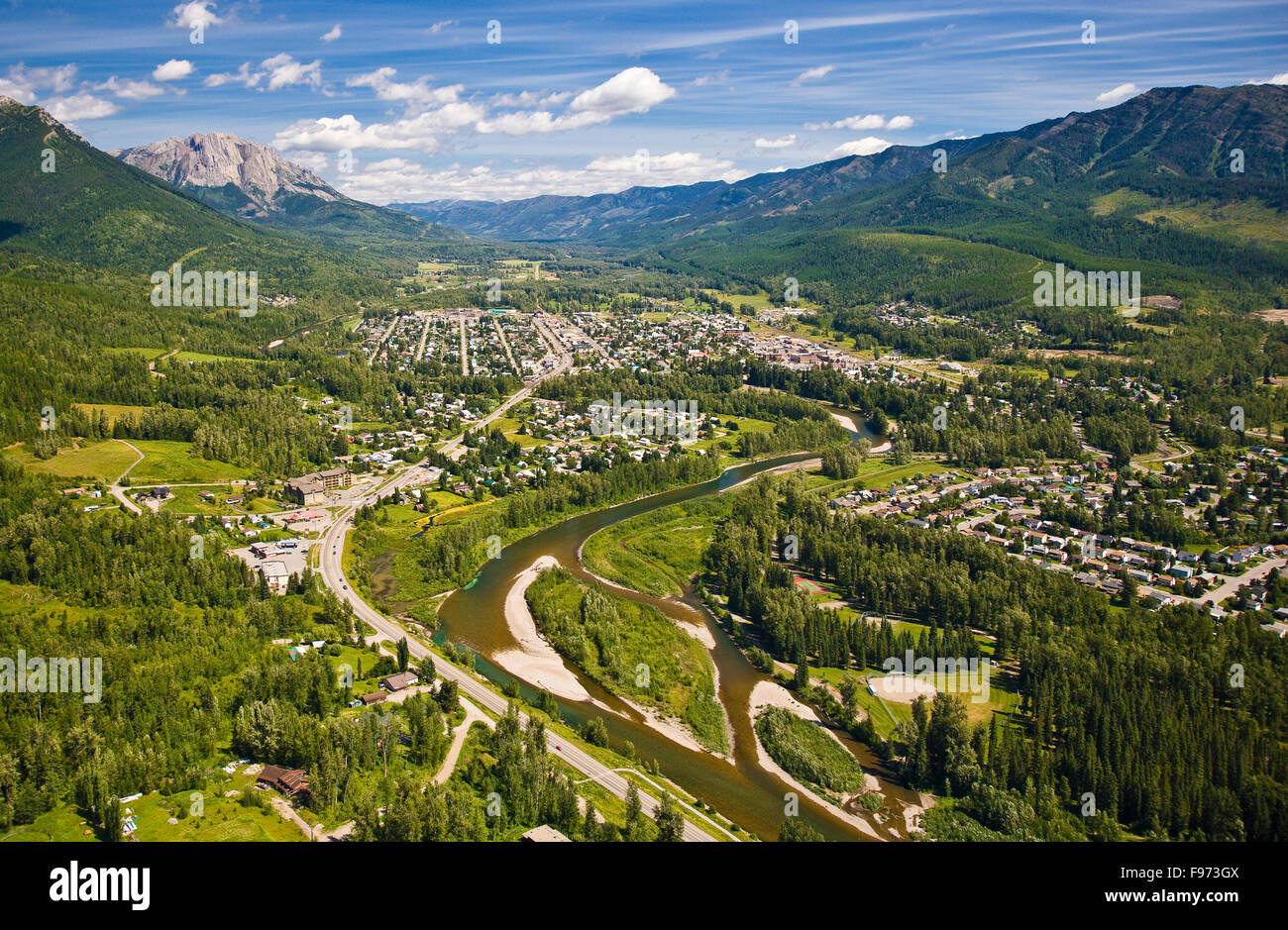 Aerial view (looking east) of town of Fernie in Elk Valley with Mount ...