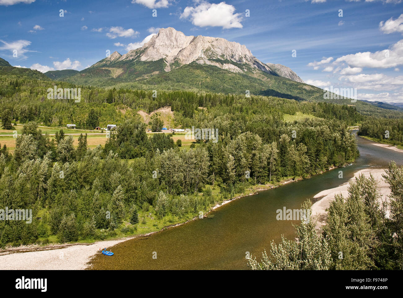 Aerial view of Elk River with Mount Hosmer in background, Fernie, BC ...
