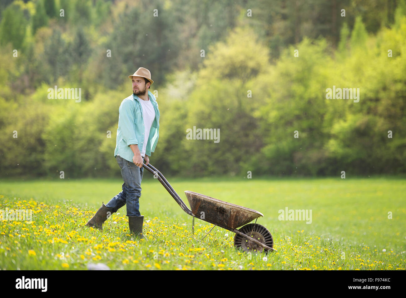 Young male farmer pushing wheelbarrow in the field Stock Photo - Alamy