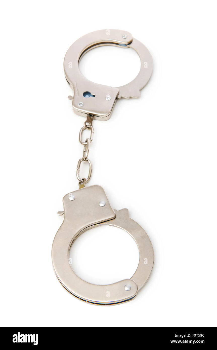 Metal handcuffs isolated on the white background Stock Photo - Alamy