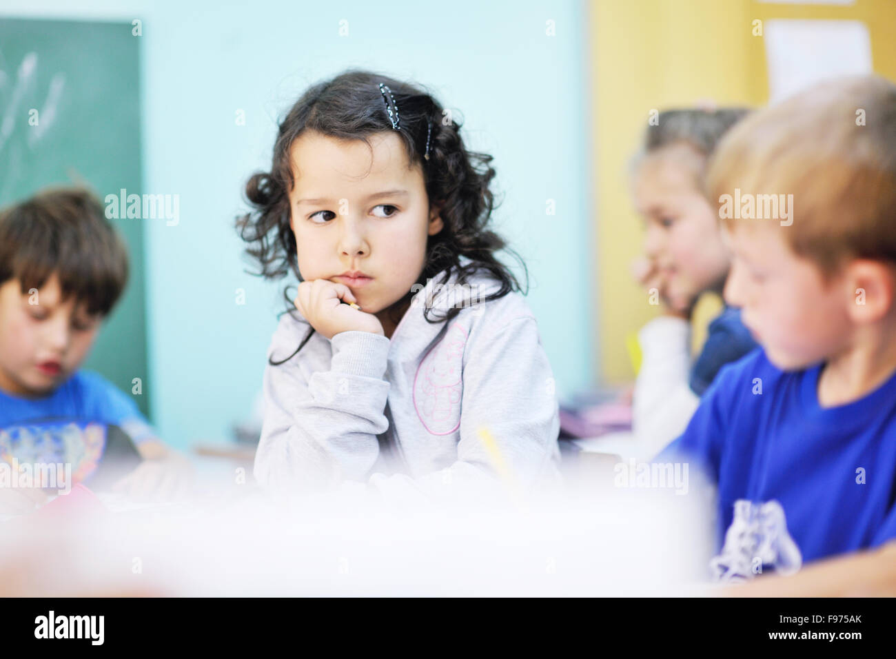 happy child kids group have fun and play at kindergarden indoor ...