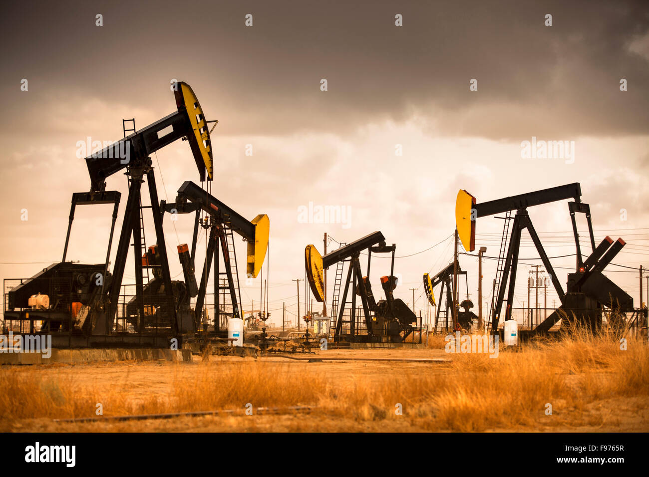 A nodding donkey pumps crude up from the ground on an oil field Stock ...