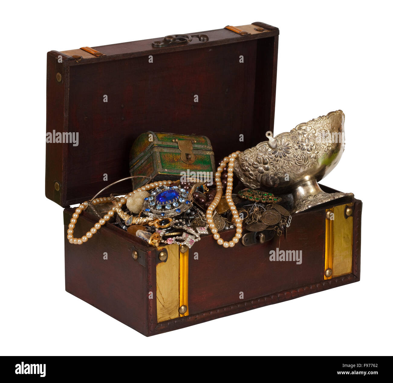 wooden treasure chest with valuables, isolated over white background ...