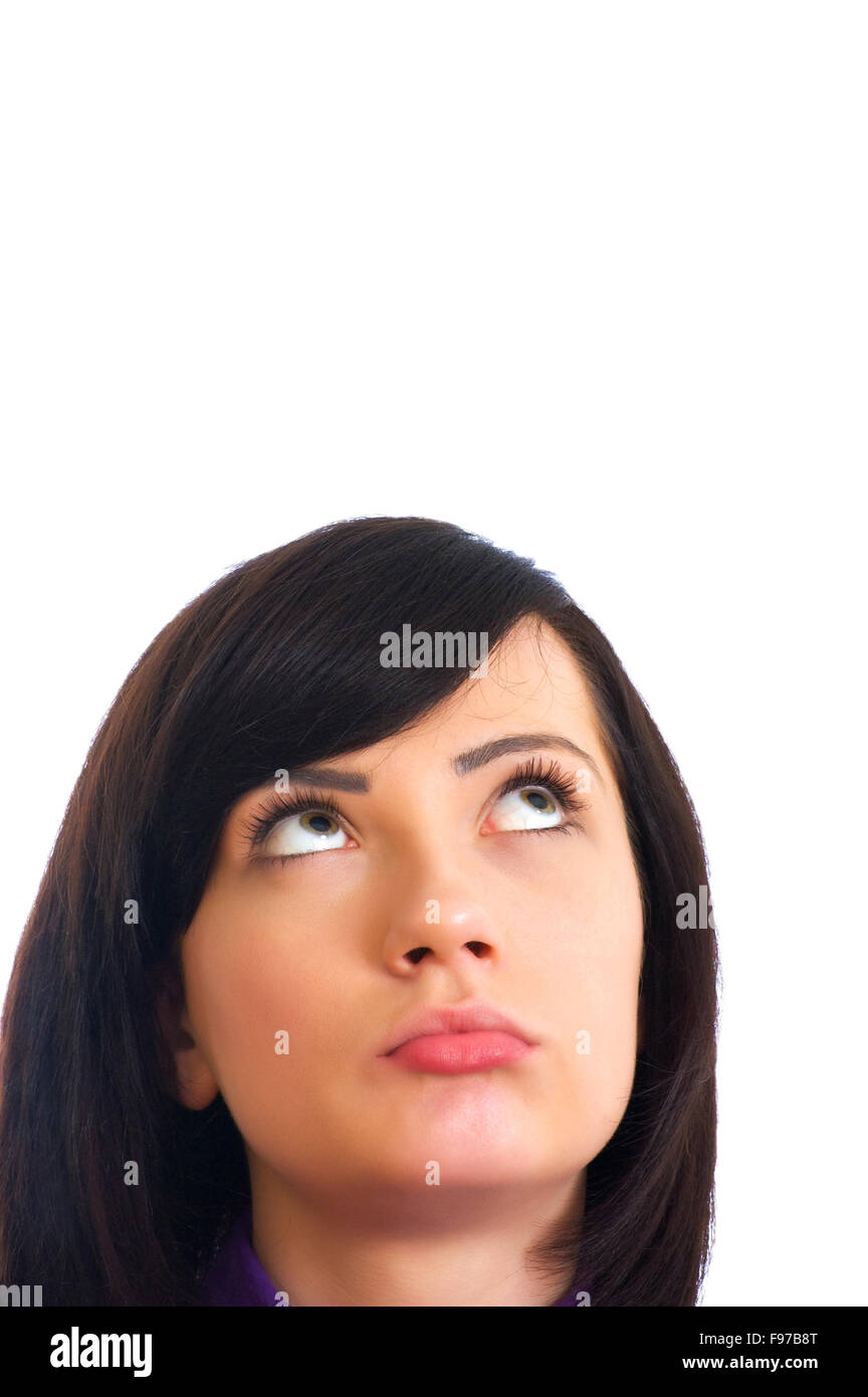 Young girl isolated on white looking to the left Stock Photo - Alamy