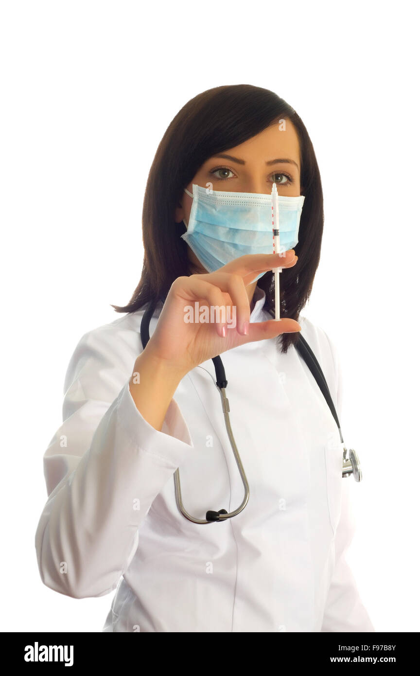 Woman checking syringe isolated on the white Stock Photo - Alamy