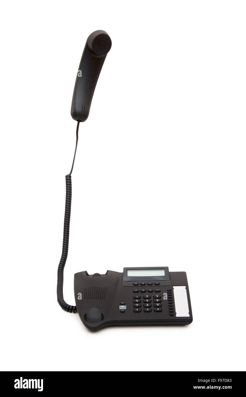 Phone with hanging receiver isolated on white Stock Photo - Alamy