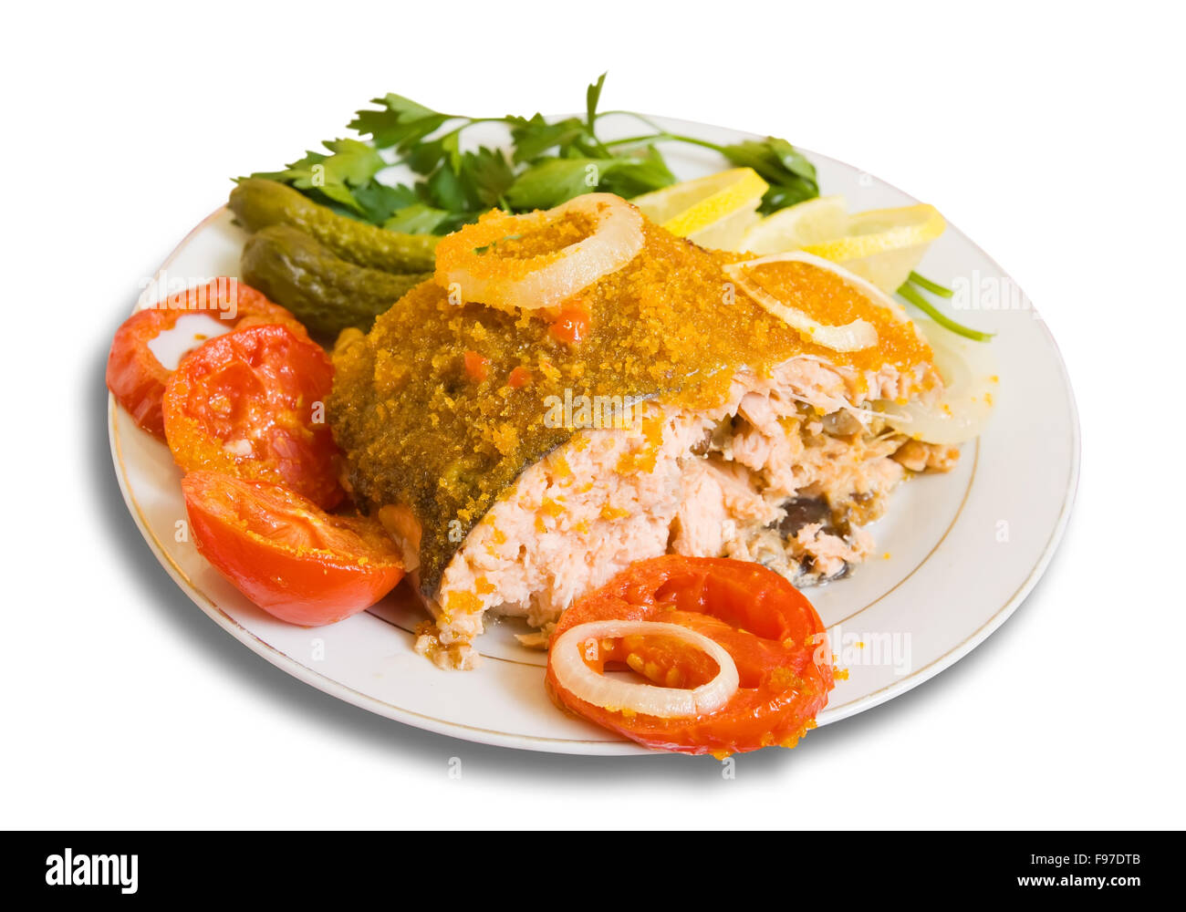 breaded fish on plate. Isolated over white Stock Photo - Alamy