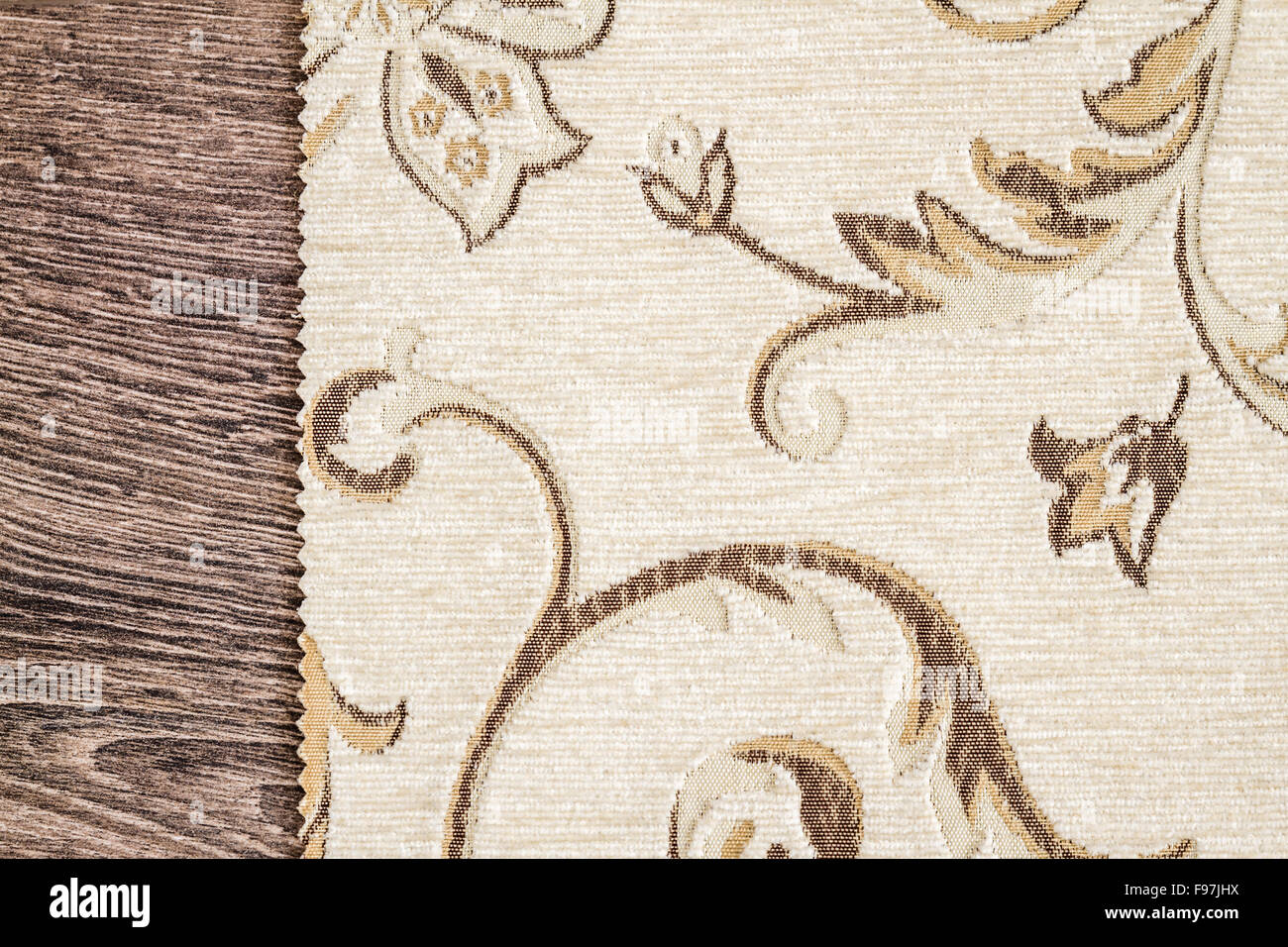 Close up detail of cream color fabric texture background with flower ...