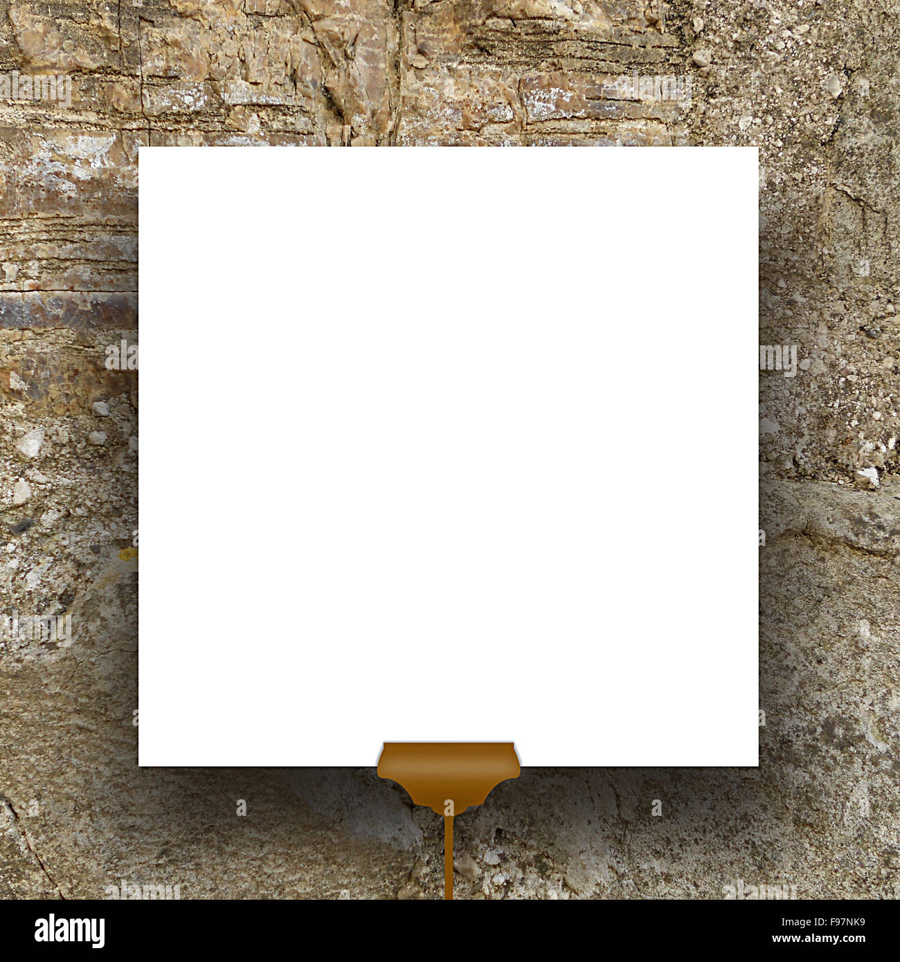 Close-up of one hanged square frame with clip on brown stone wall ...