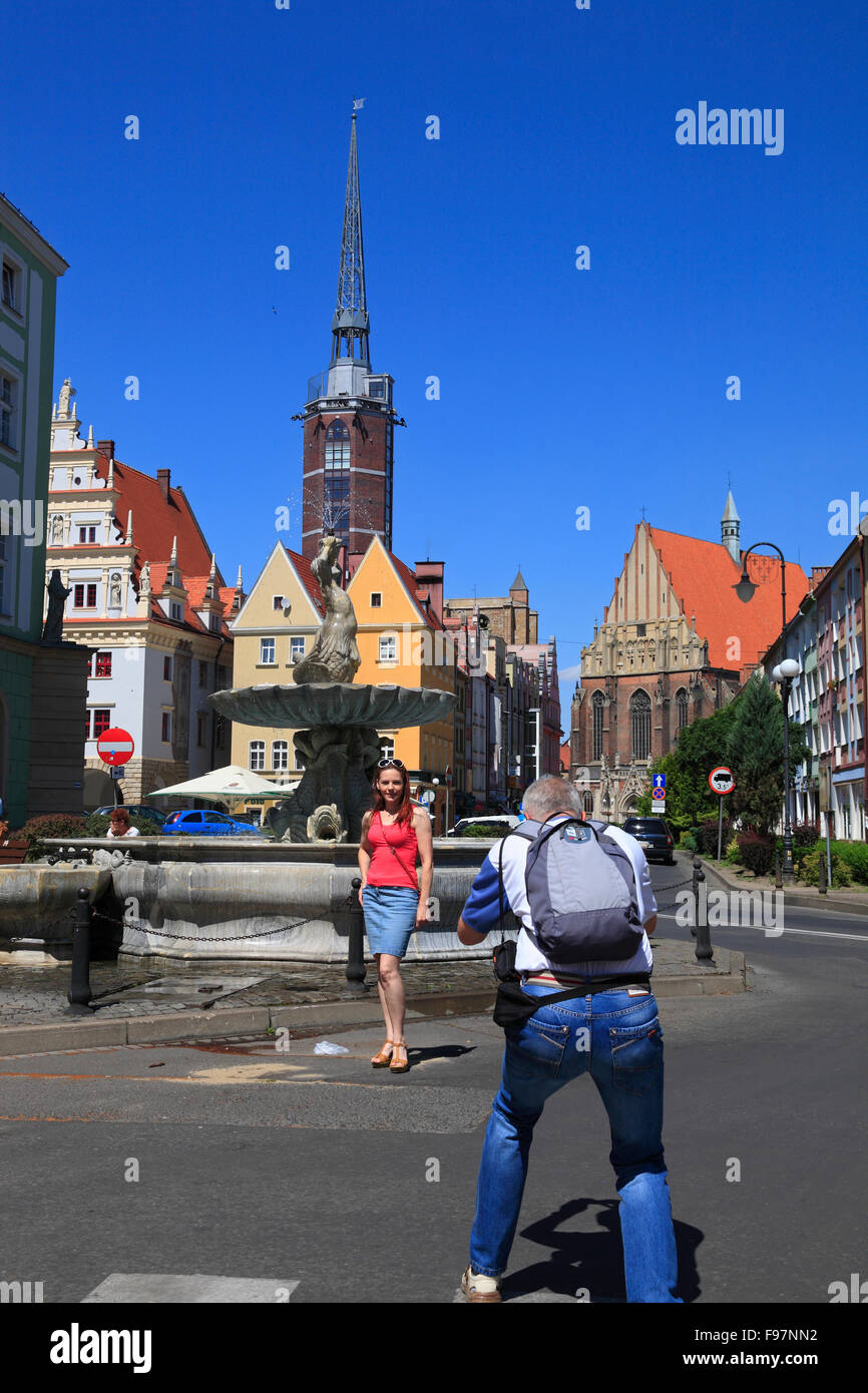 Triton fountain near market square (Rynek), Nysa (Neisse), Silesia ...