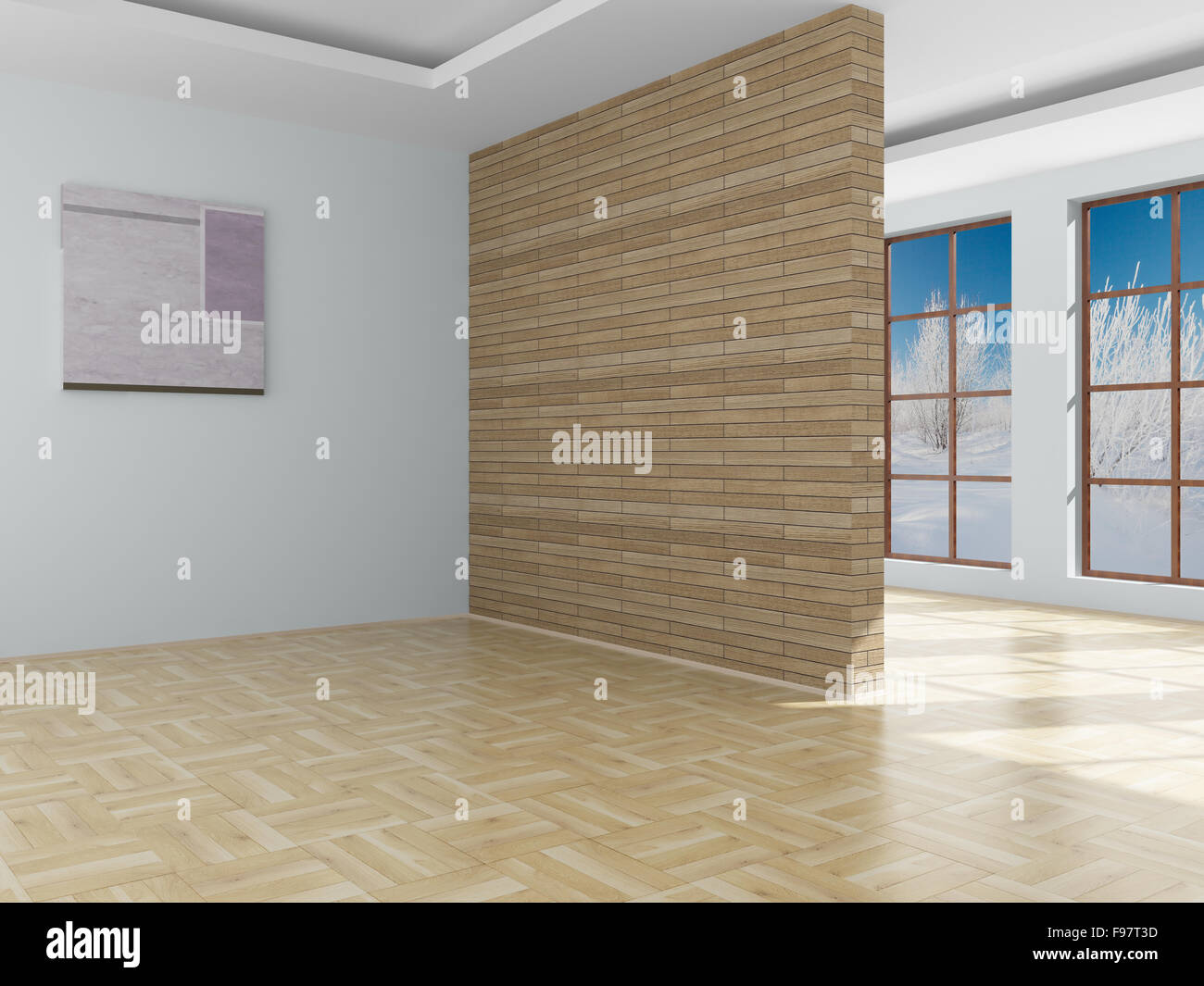 Empty room. Landscape behind the open window. 3D image Stock Photo - Alamy