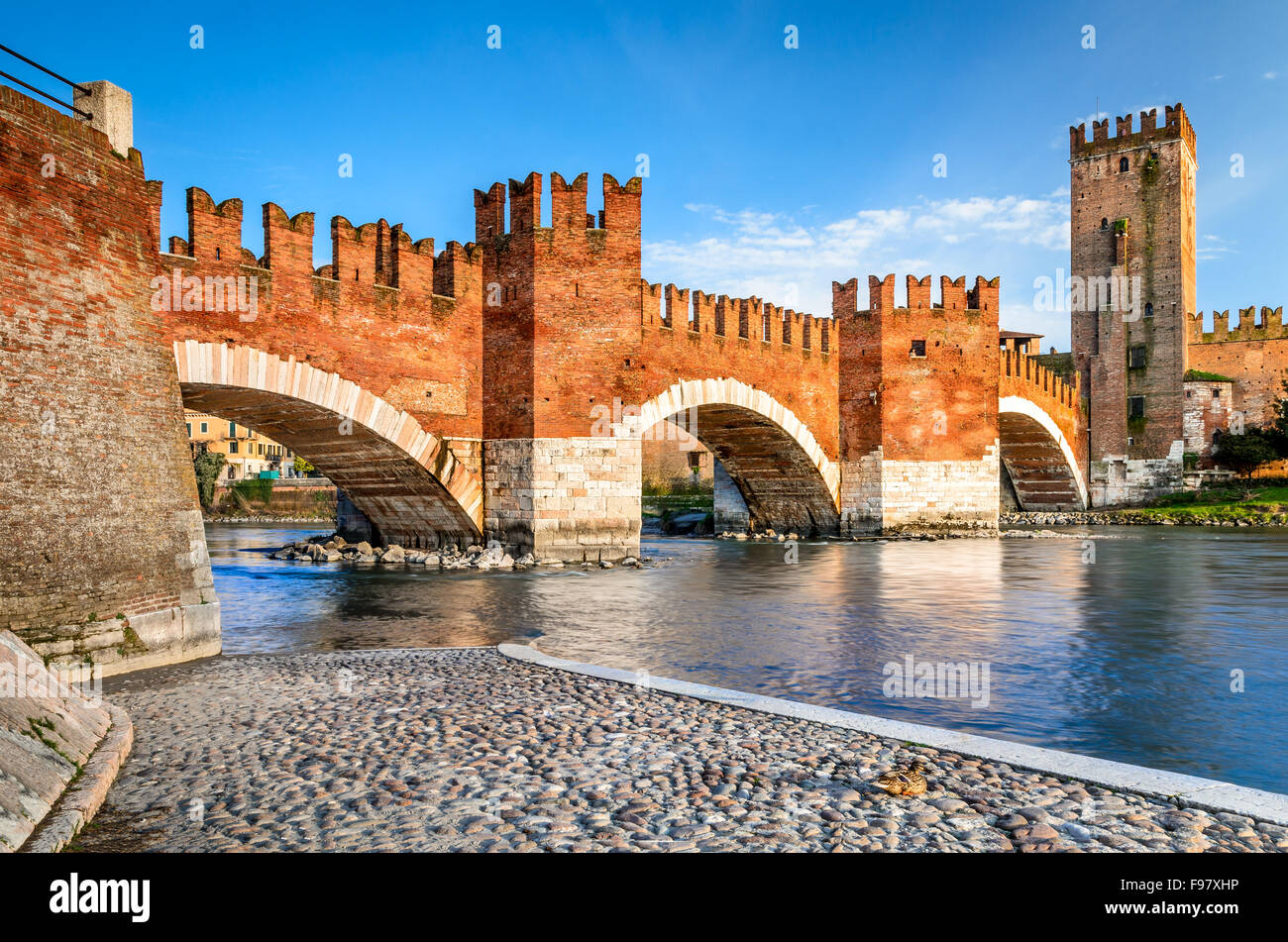 Verona, Italy. Scenery with Adige River and Ponte Scaligero and ...