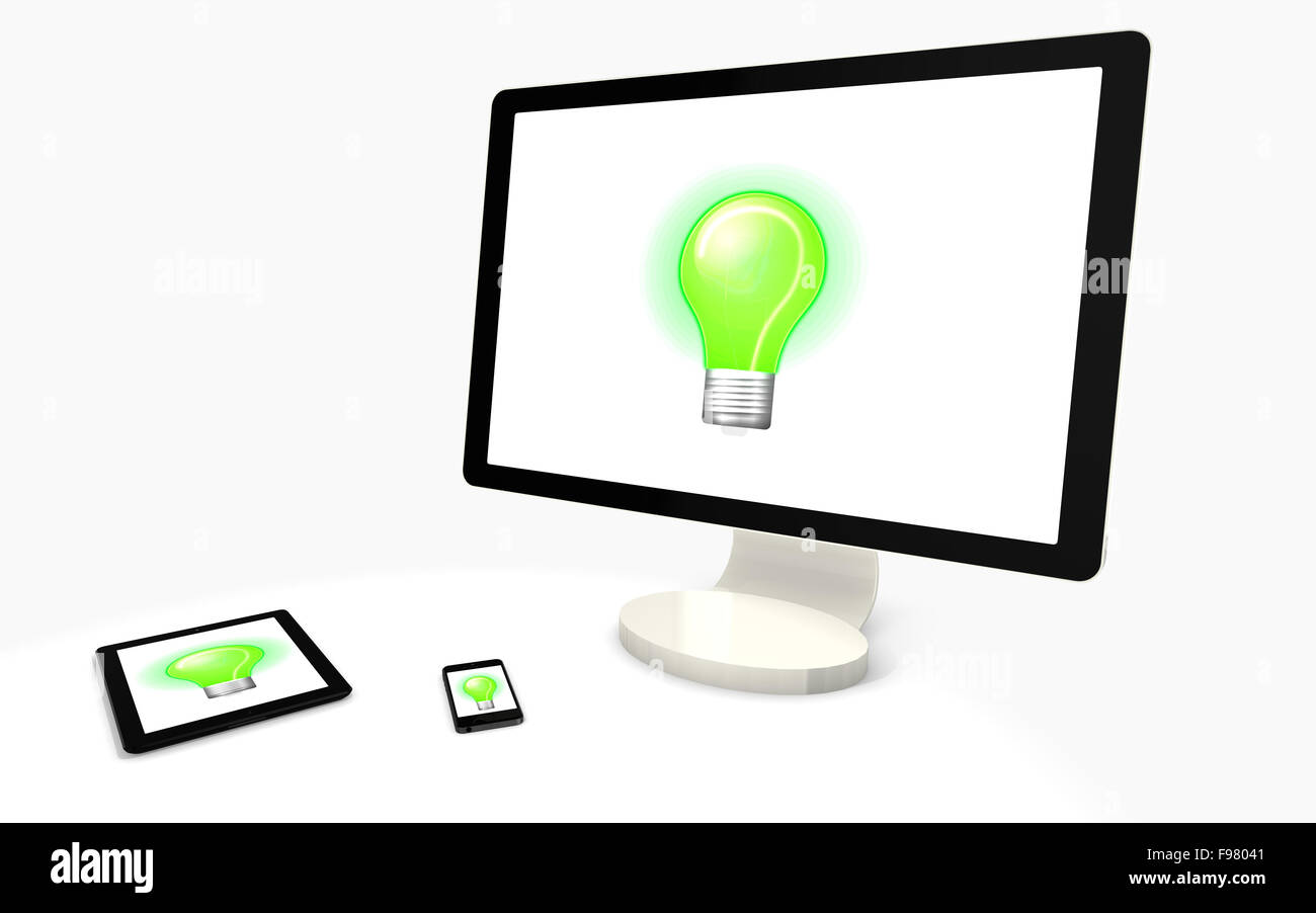 Green light bulb on phone,tablet and screen on white background Stock ...