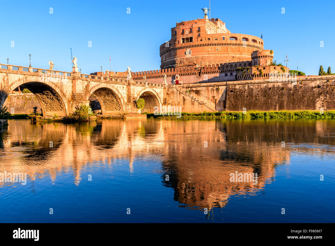 Rome, Italy. Bridge and Castel Sant Angelo and Tiber River. Built by Hadrian emperor as ...