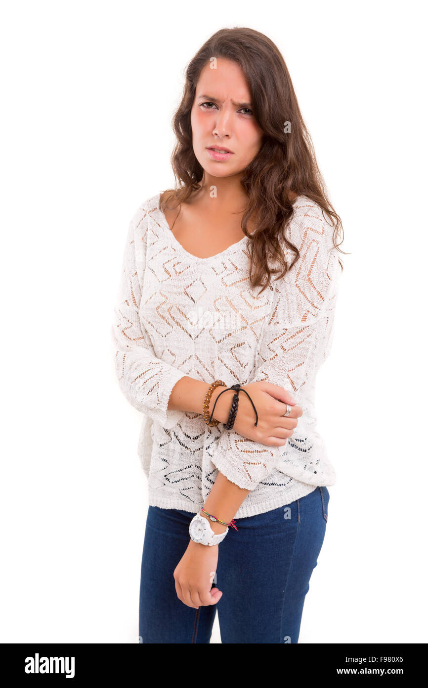 Young woman mad at you, isolated over white Stock Photo - Alamy