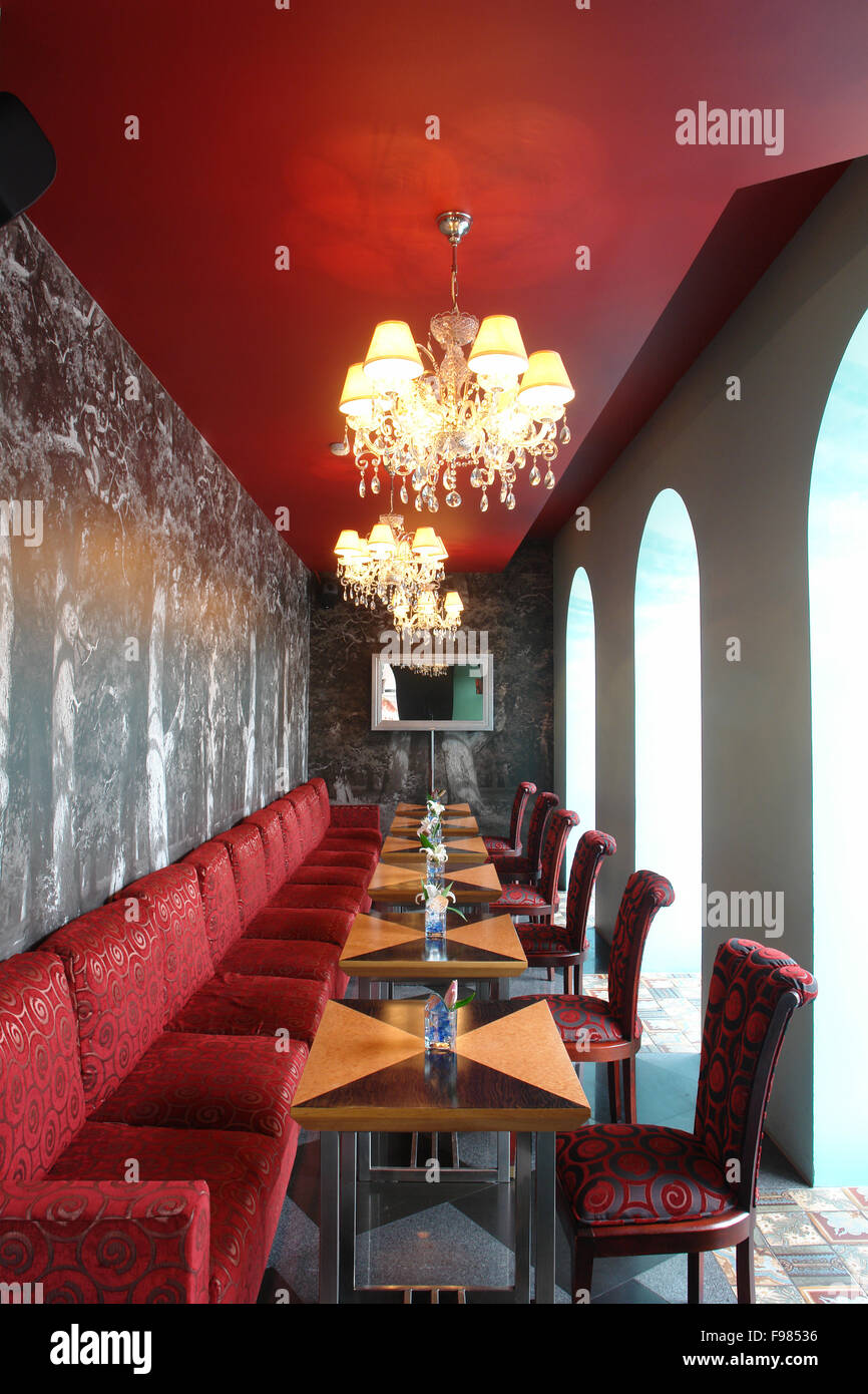 interior of restaurant in red color Stock Photo - Alamy