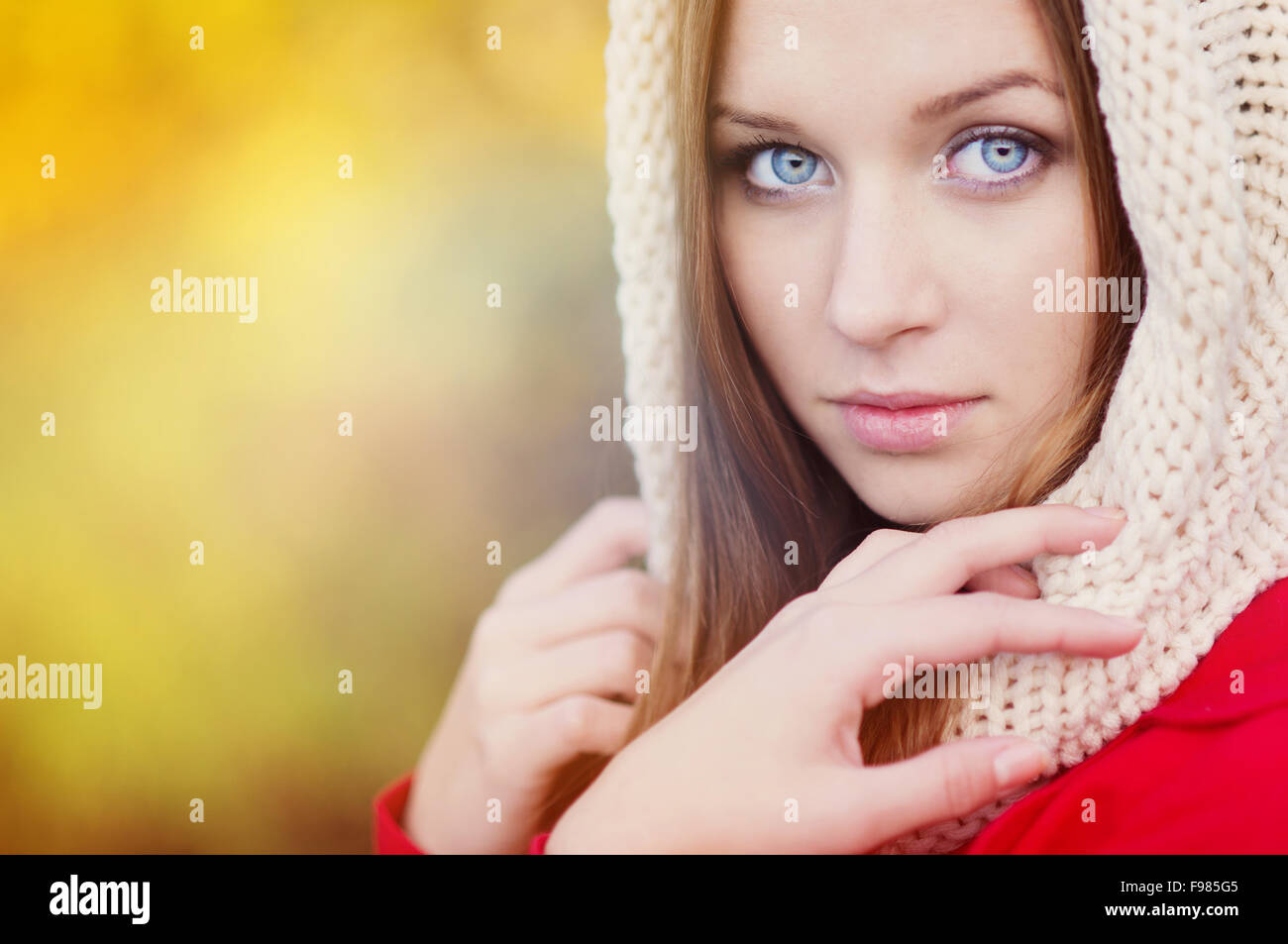 Portrait of beautiful girl with scarf in autumn nature Stock Photo - Alamy