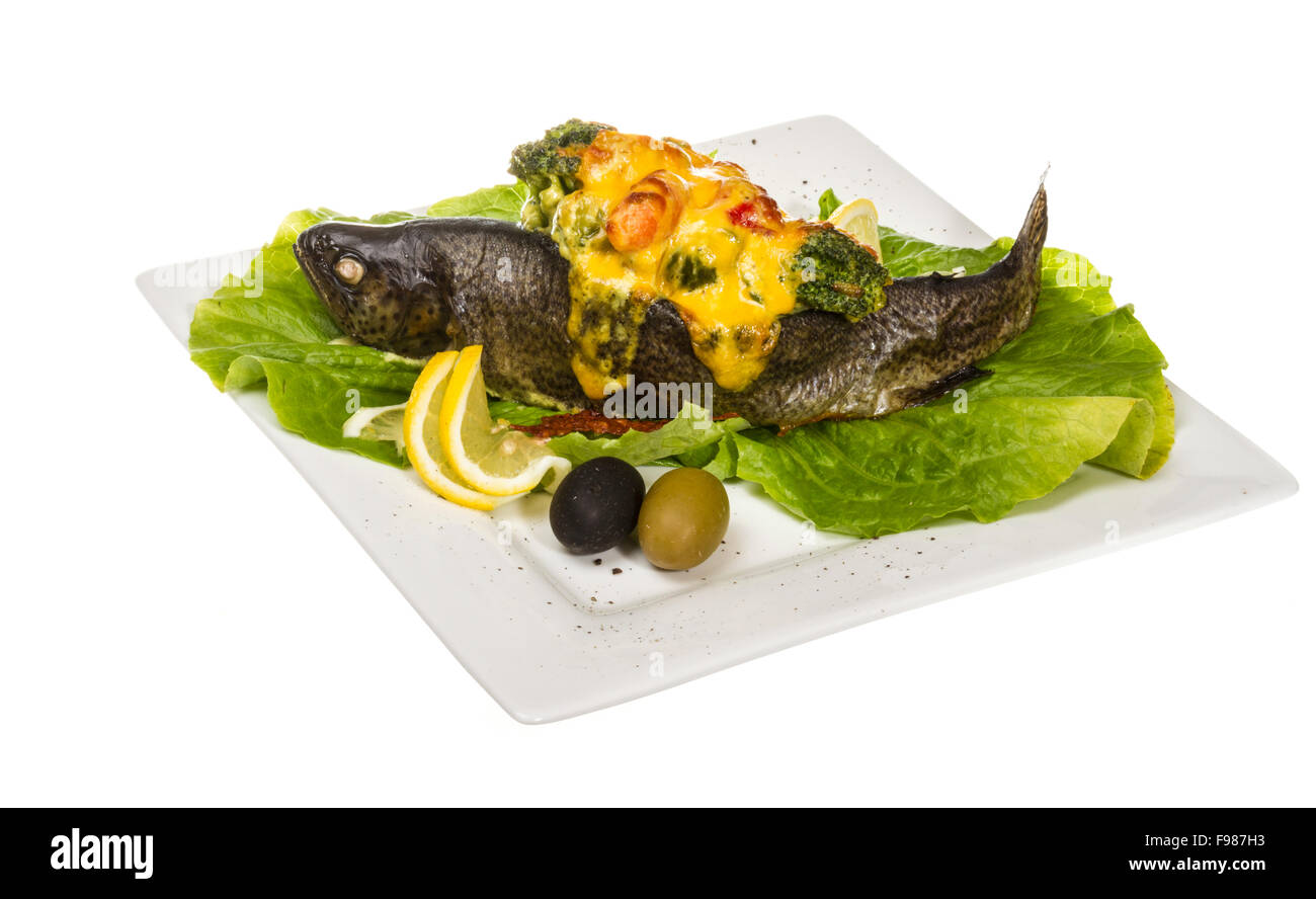 trout fish baked with shrimps and cauliflower Stock Photo - Alamy