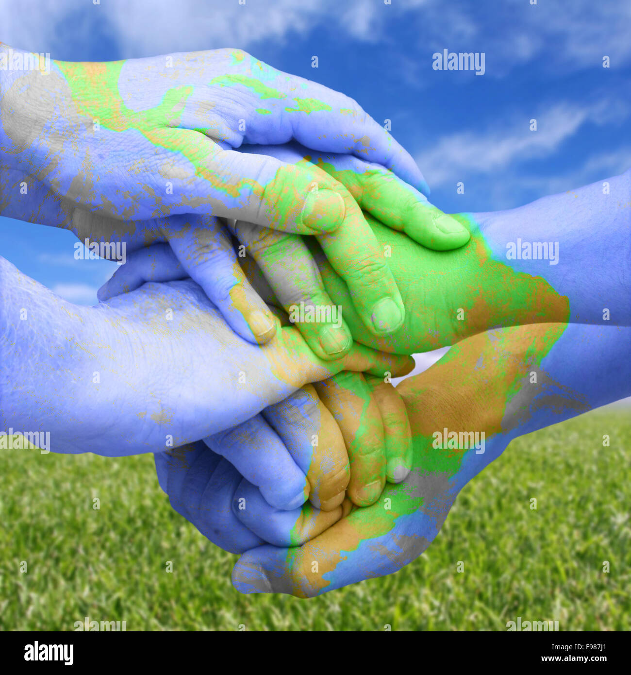 Hands Painted Like a Map Representing Global Responsibility Stock Photo ...