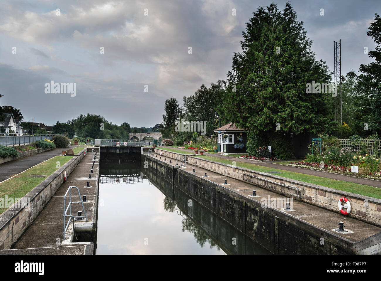 Morning landscape Chertsey Lock and weir over River Thames in London ...