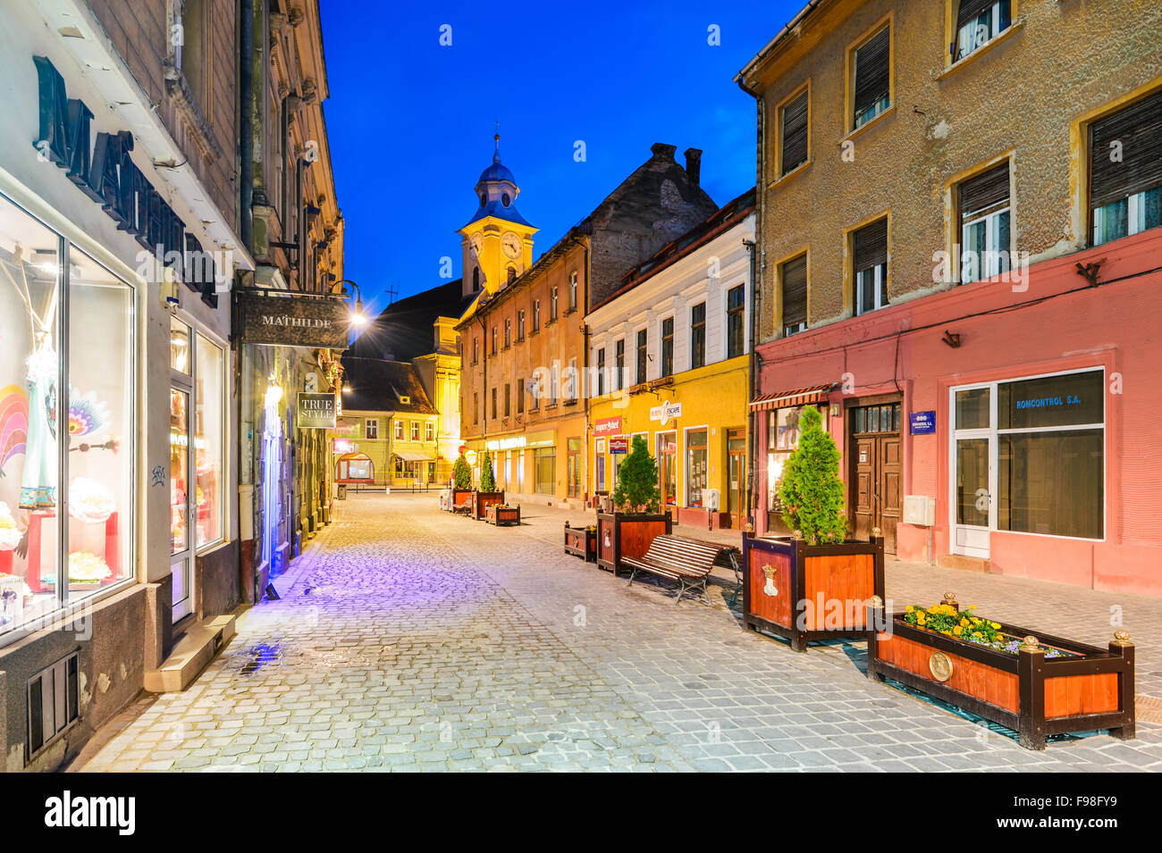 Brasov, Romania. Morning twilight view with medieval downtown of Brasov ...