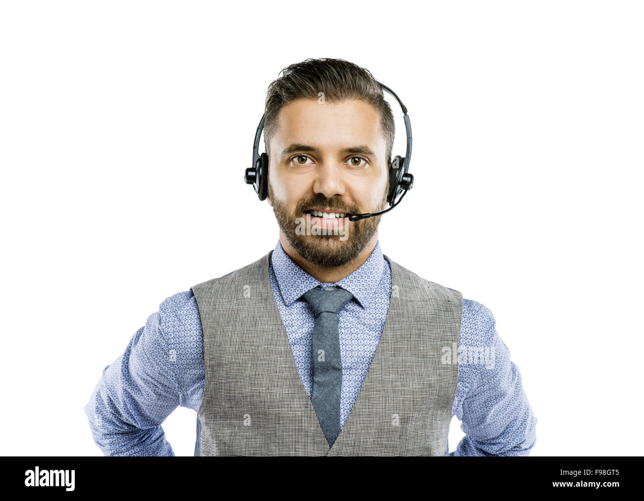 Call center operator isolated on white. Young handsome hipster man with ...