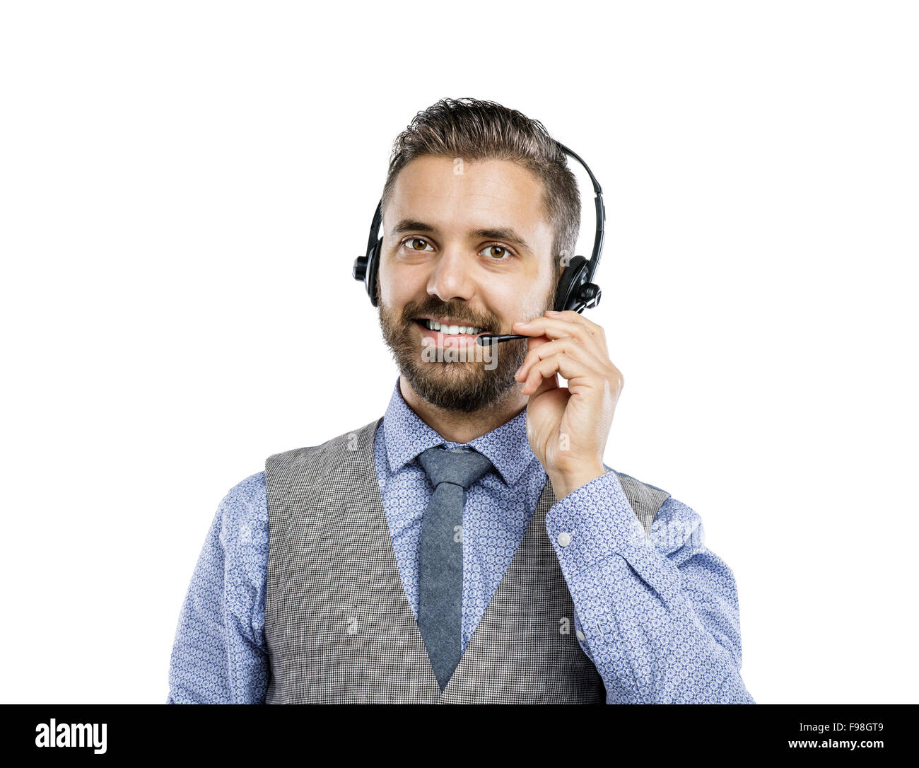 Call center operator isolated on white. Young handsome hipster man with ...