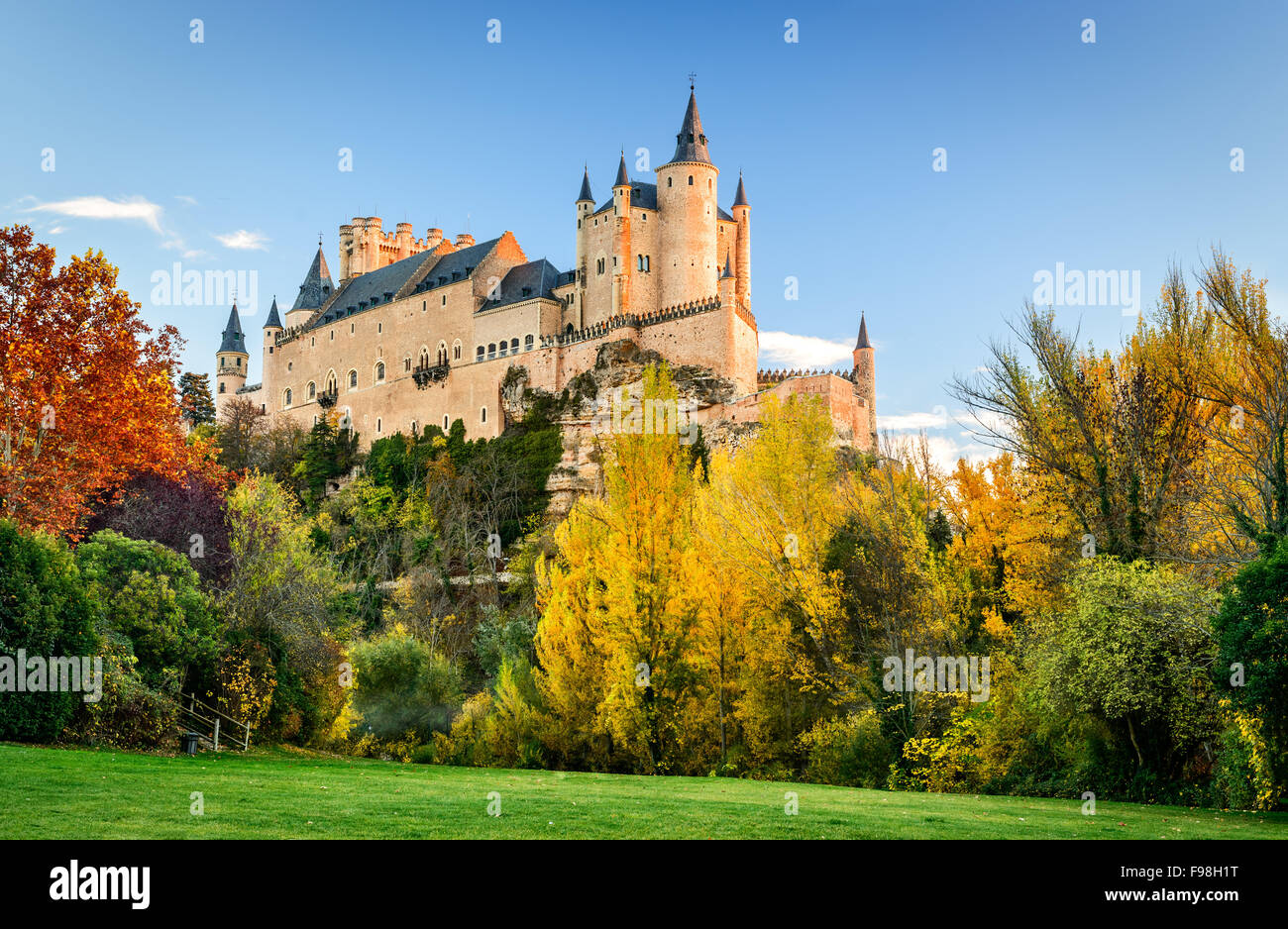 Segovia, Spain. The famous Alcazar of Segovia, rising out on a rocky ...