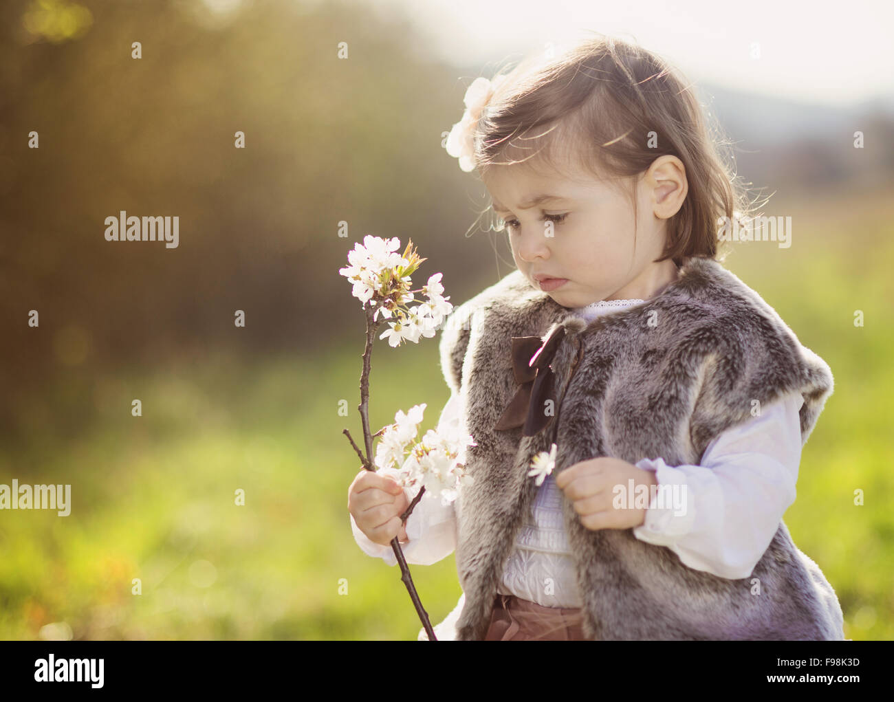 Outdoor portrait of cute little girl with blooming branch Stock Photo ...