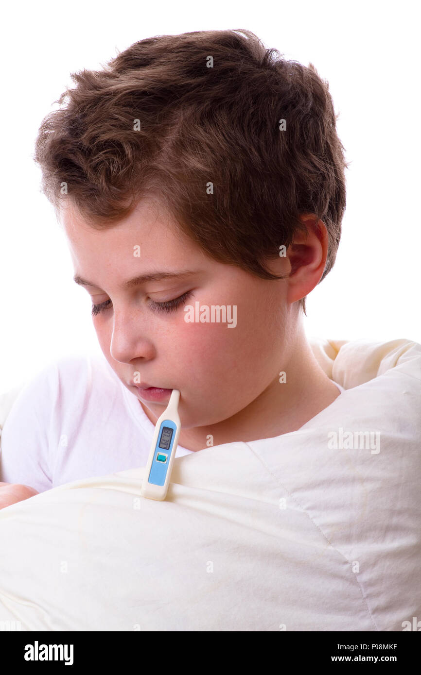 Sick flu boy thermometer hi-res stock photography and images - Alamy