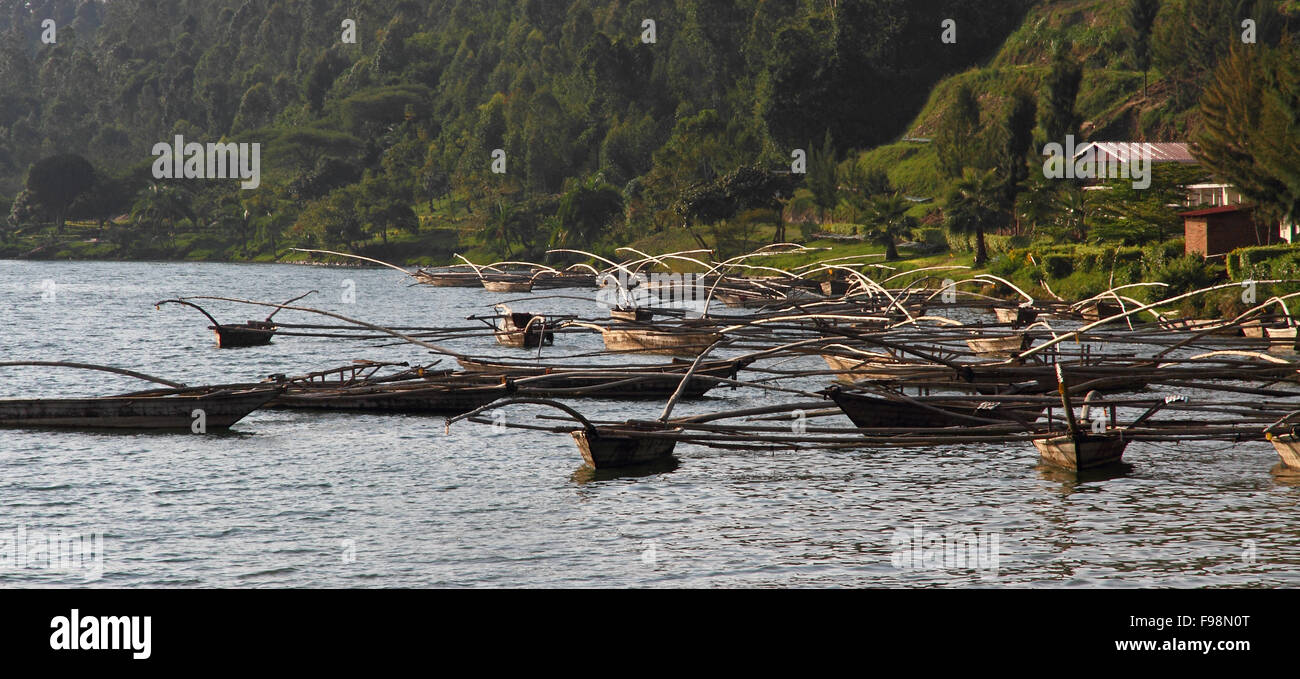 African fishing boats floating off shore in Kibuye, Rwanda, Africa ...