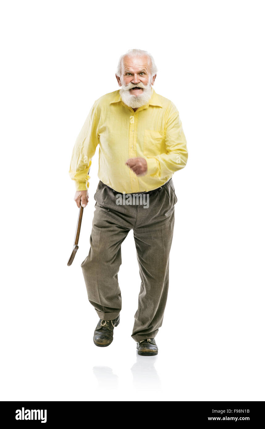 Happy old active bearded man walking without using his cane isolated on ...
