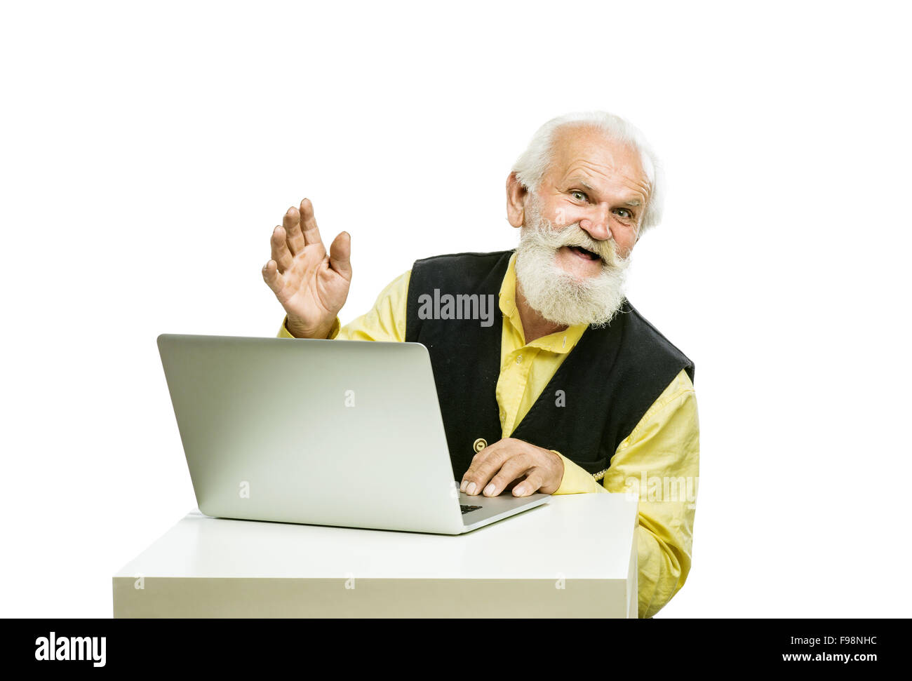 Old bearded man with laptop isolated on white background Stock Photo ...