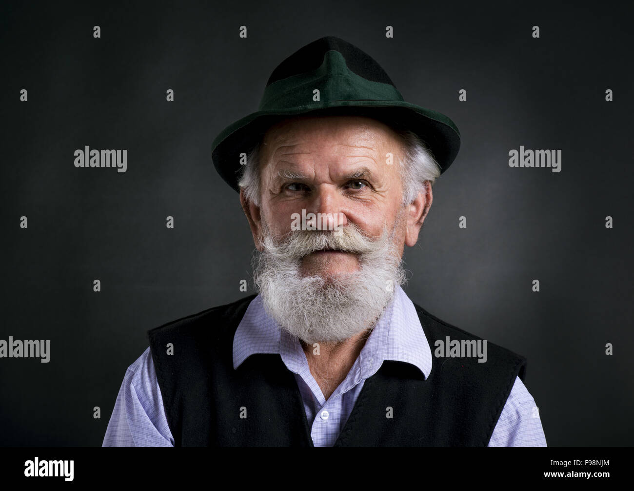 Portrait of old bearded bavarian man in traditional felt hat, posing in ...