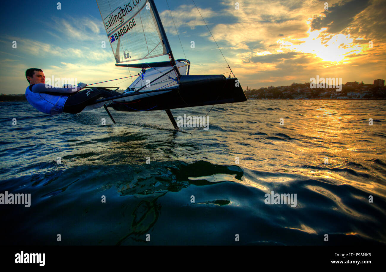 Scott Babbage in a training session on his Moth Mach 2 in Sydney ...