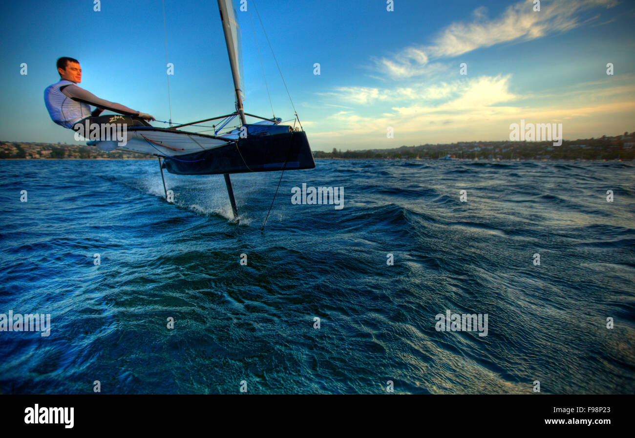 Scott Babbage in a training session on his Moth Mach 2 in Sydney ...