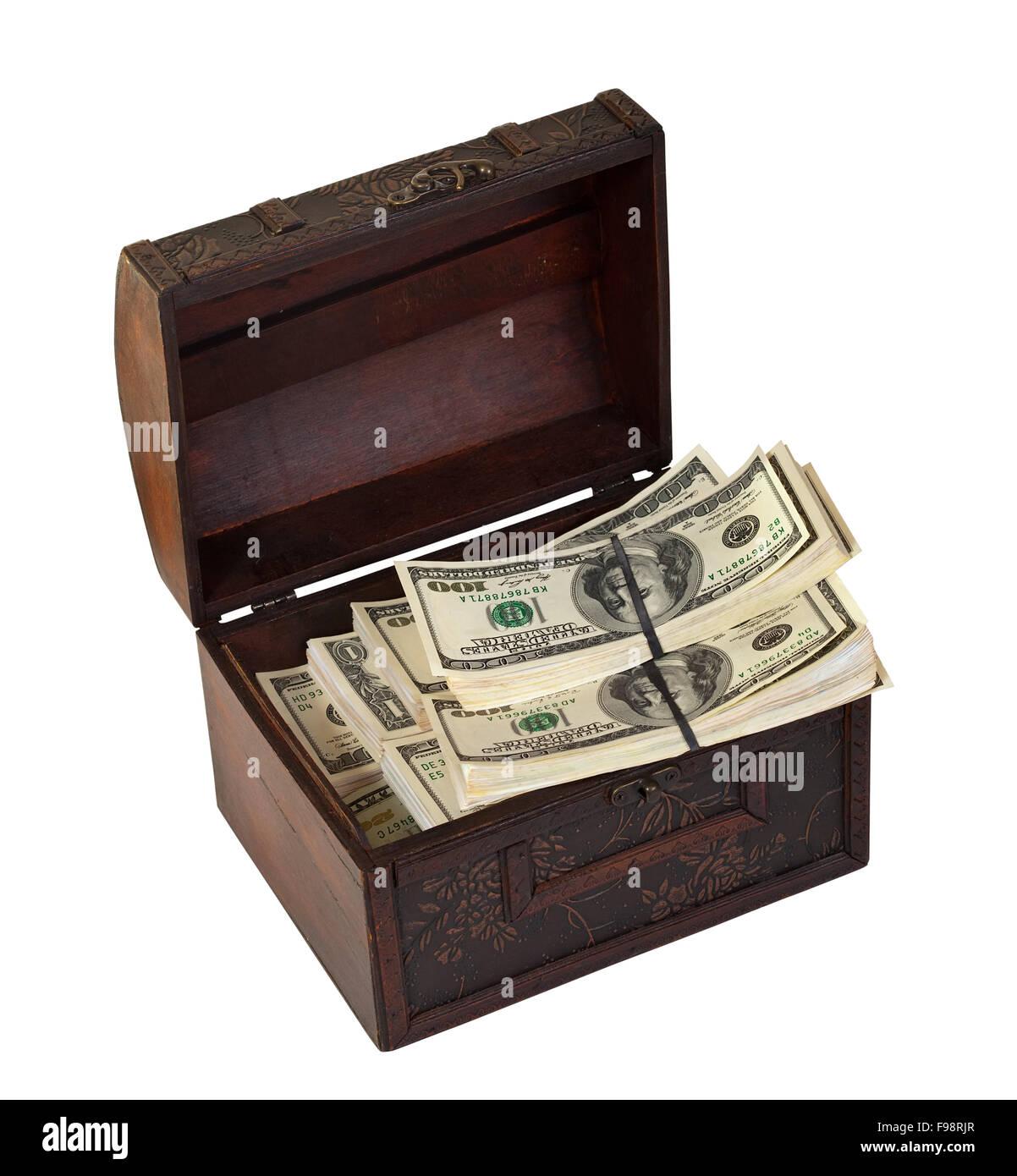 Many bundles of US dollars banknotes in treasure trunk. Isolated on ...