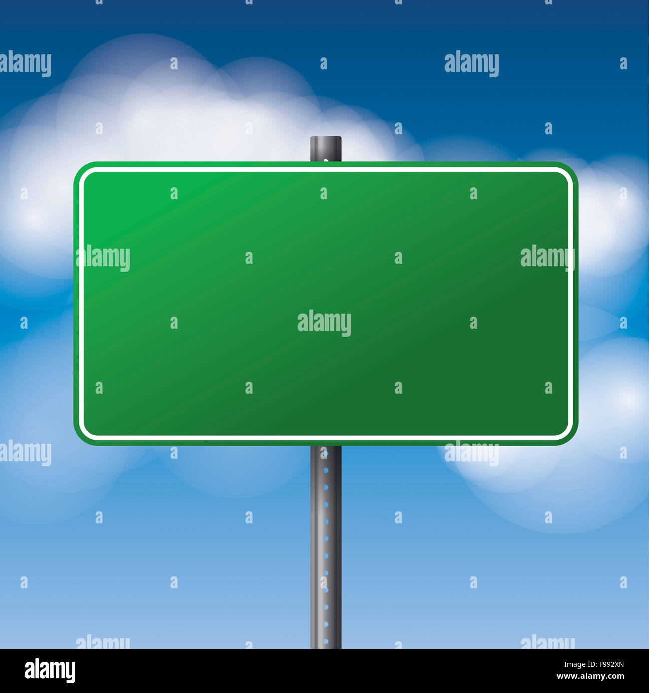 A realistic green road sign over a blue clouded sky illustration. Room ...