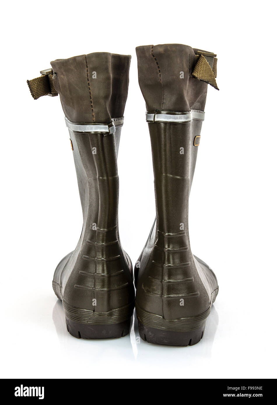 Rear view of a pair of Wellington boots on a white background Stock ...