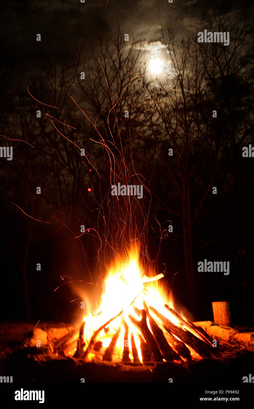 Bon fire and full moon on a fall evening in the woods Stock Photo - Alamy