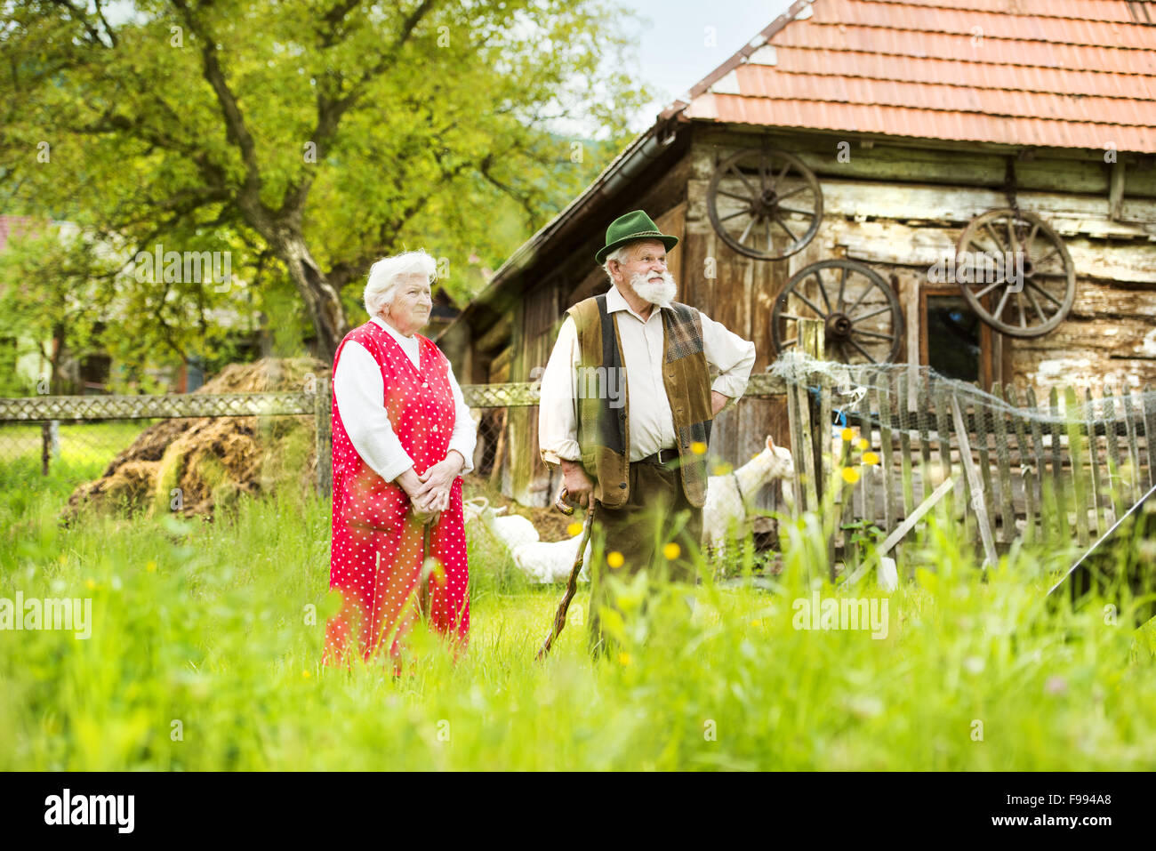 Outdoor portrait of old farmers couple standing by their farmhouse ...