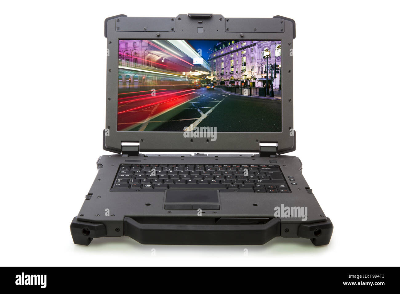 Ruggedized laptop with red London bus on white background Stock Photo ...