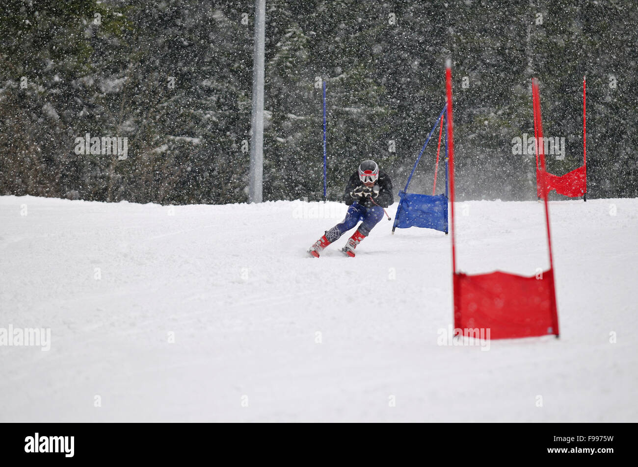 young skier race fast downhil at winter snow scene Stock Photo - Alamy
