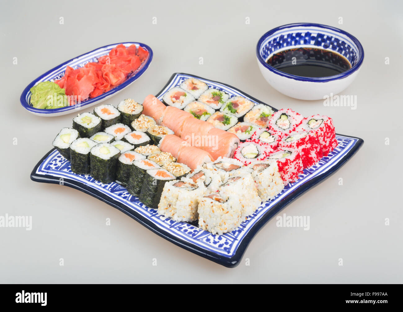 Sushi Set - Different Types of Maki Sushi and Nigiri Sushi Stock Photo ...