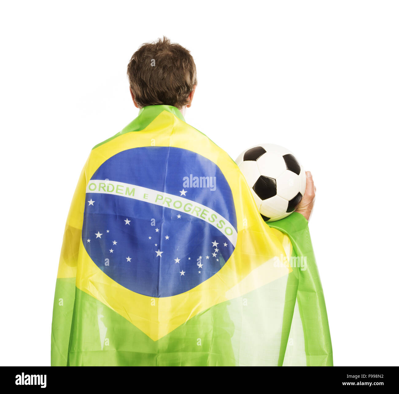 Brazilian senior soccer fan holding ball and flag of Brazil, isolated ...