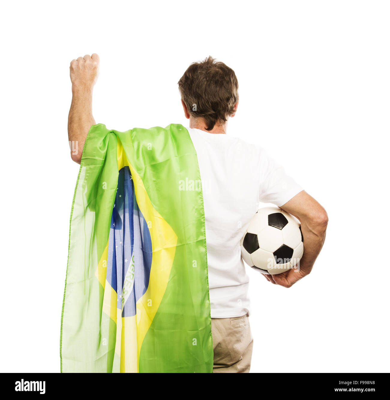 Brazilian senior soccer fan holding ball and flag of Brazil, isolated ...