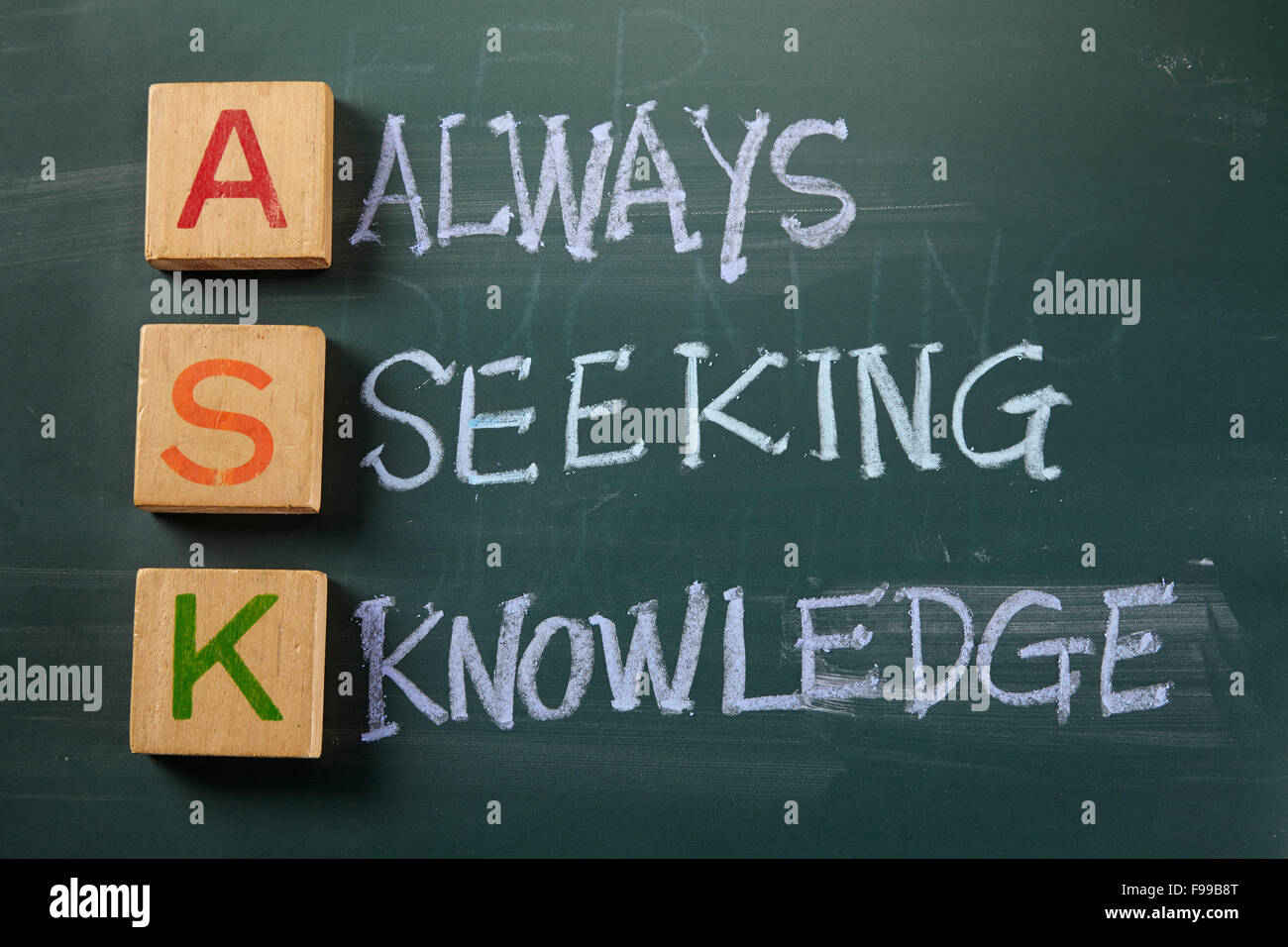 Hand writing ASK - Always Seek Knowledge with white chalk on blackboard ...