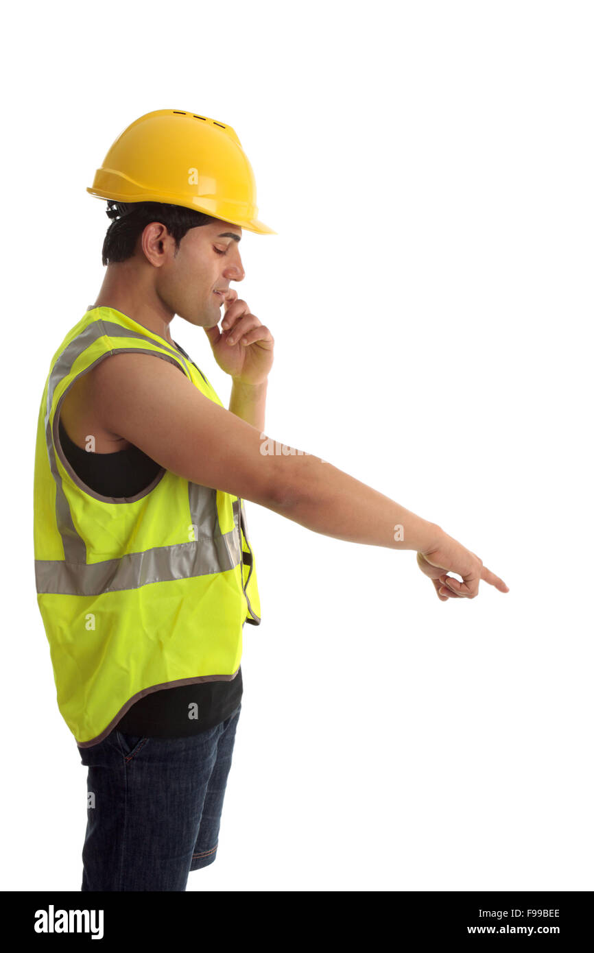 Construction worker looking pointing down Stock Photo - Alamy
