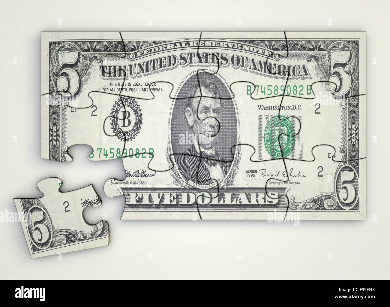 5 Dollar Note Puzzle - Top View Stock Photo - Alamy