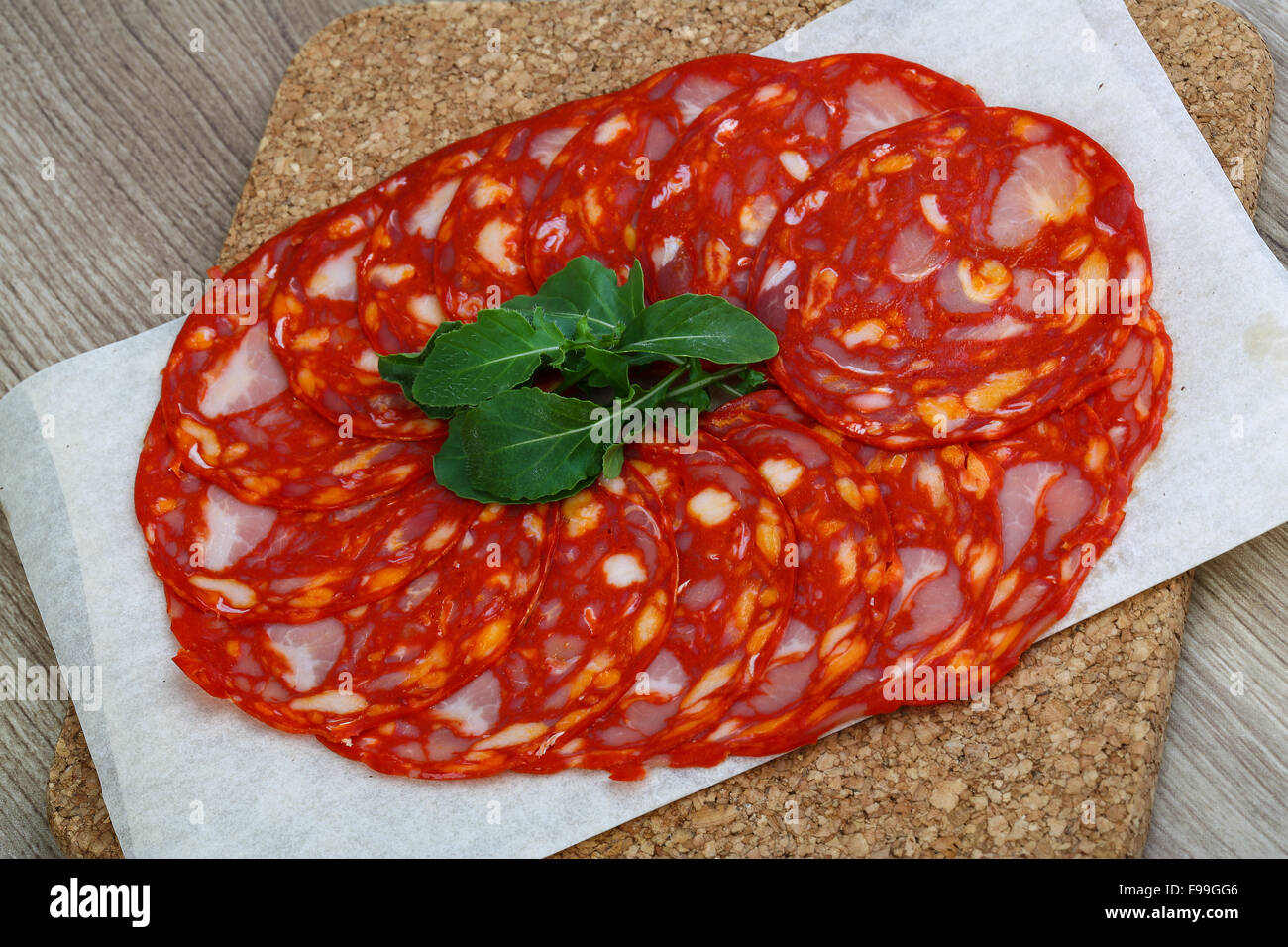Traditional Spanish salami - Chorizo sausage on the wood background ...